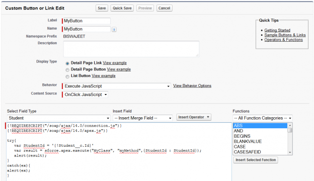Calling Apex Method From A Custom Button Using Javascript Biswajeet Samals Blog